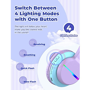 iClever BTH12 Kids Bluetooth Headphones,Colorful LED Lights Wireless Kids Headphones,74/85/94dB Volume Limited,55H Playtime,Bluetooth 5.2,Over Ear Headphones with Mic for iPad/Tablet/Traveling,Purple