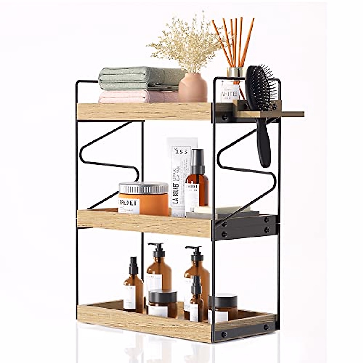 Nidouillet 3 Tier Bathroom Counter Organizer, Wood Countertop Organizer Standing Shelf Skincare Vanity Organizer Cosmetic Holder with Sink Tray Comb Storage for Kitchen Coffee Station Bedroom Brown