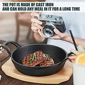 Sliner 4 Sets Mini Cast Iron Skillet Mini Cast Iron Sizzler Plates Skillet with Wooden Base Small Round Cast Iron Pan Fajita Cast Iron Plate Mini Cast Iron Pot for Baking Cooking(6.3 Inches