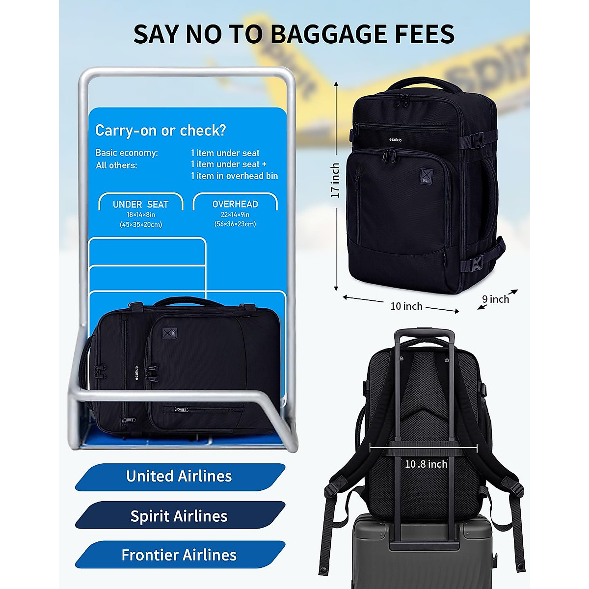 ECOHUB Large Travel Backpack For Women Men Carry on Backpack Airline Approved Personal Item Travel Bag 18x14x8 Casual Daypack School Bag Fit 14 Inch Laptop with USB Charging Port, Grey