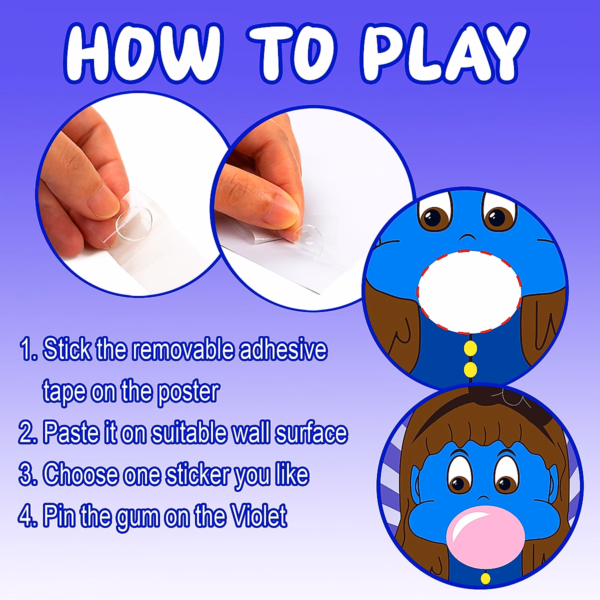 jkhycf Chocolate Factory Party Decorations Pin The Gum on the Violet Pin Game for Kids Candyland Birthday Party Decorations Halloween Cosplay Party Games for Kids