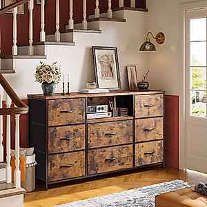 Dresser for Bedroom with Power Outlets, 55" TV Stand Dresser with 8 Drawers, Fabric Dressers & Chest of Drawers for Living Room, Entryway, Rustic Brown