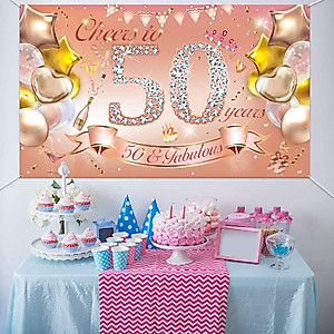 HOWAF Woman 50th Birthday Party Decoration Rose Gold, Fabric Banner for 50th Birthday Photo Backdrop Photography Background, 50th Birthday Outdoor Garden Table Wall Decoration Supplies