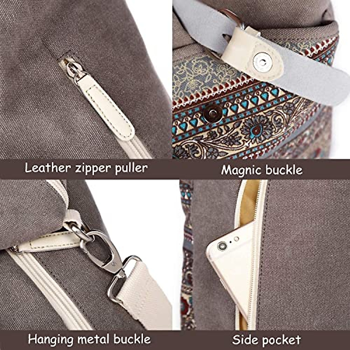 Womens Backpack Purse Canvas Purse 3-Way Crossbody Bag Boho Shoulder Tote Bags Girls (Grey - bohemian)