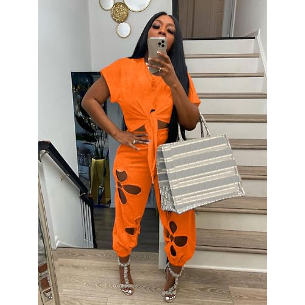 Women 2 Piece Outfit Summer Short Sleeve White Shirt Sweatpants Set Workout Jogger Sweatsuit