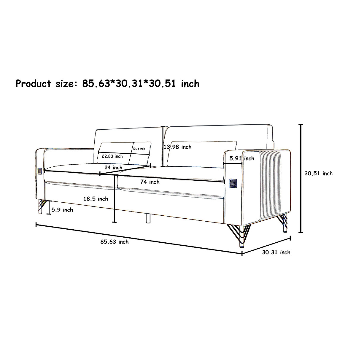 TUBAIHON 85" Black Velvet Couch, Living Room Sofa Modern Design, 3 People Sofa with 2 Pillows for Couch (18 Black)