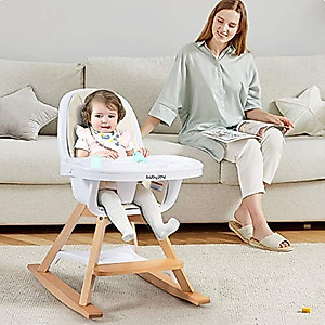 BABY JOY 3 in 1 High Chair, Baby Eat & Grow Convertible Wooden High Chair/Rocking Chair/Booster Seat/Toddler Chair, Infant Dining Chairs w/ Double Removable Tray, 5-Point Seat Belt & PU Cushion, Beige