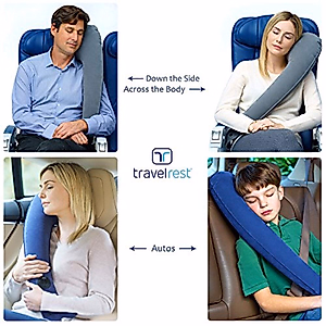 TRAVELREST Ultimate Travel Pillow & Body Pillow - Headrest, Auto, Bus, Train, Office Napping, Camping, Wheelchairs, Comfort and Support, Rolls Up, Straps to Airplane Seat & Car - Blue
