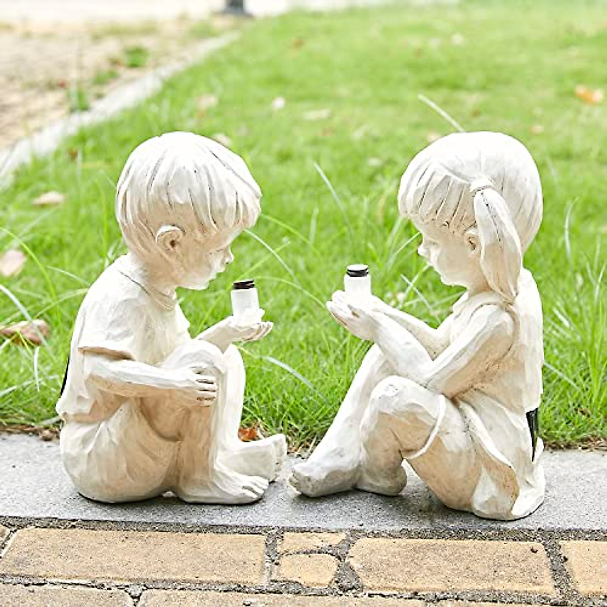 Large Garden Children Statues Light Up Firefly Jar Solar Powered | Set of 2 Figurines | Girl & Boy Garden Yard Art Décor, Indoor & Outdoor Ornament Gifts for Lawn, Patio, 7.5" W x11.8”H Cream…