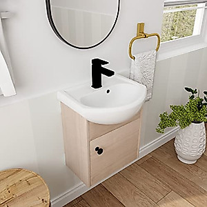 HomSof Small Size 18 Inch Bathroom Vanity with Ceramic Sink,Wall Mounting Design，18"x14", Plain Light Oak
