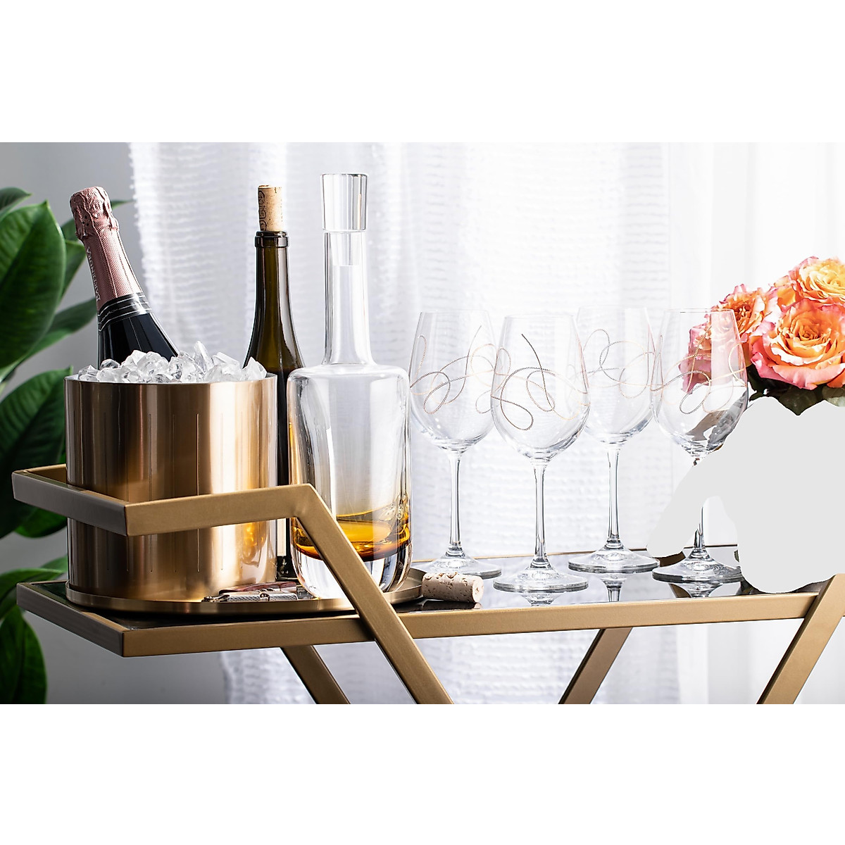 Barski Wine Glass, Goblet, Crystal Glass, Set of 2 Glasses, with Gold String Design, Made in Europe, 14 oz.