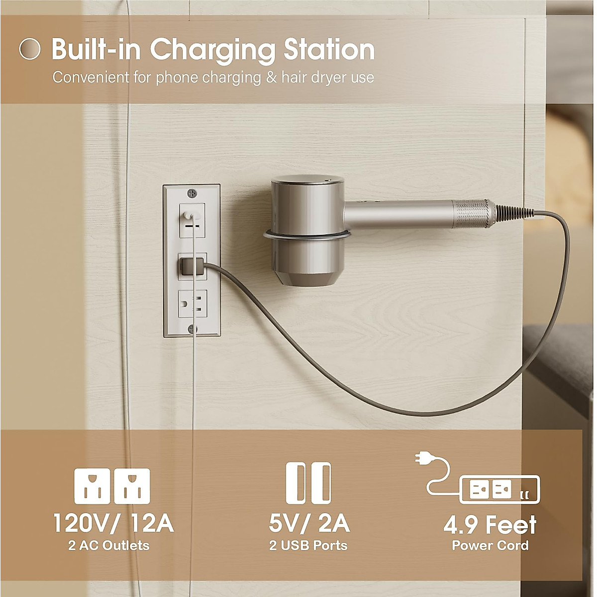 Makeup Vanity Desk with Mirror and Lights, White Vanity Desk w/ Hollywood Mirror & Charging Station & Large Drawer & Shelves & Cabinet, Glass Tabletop Dressing Table Set for Bedroom, Stool Included