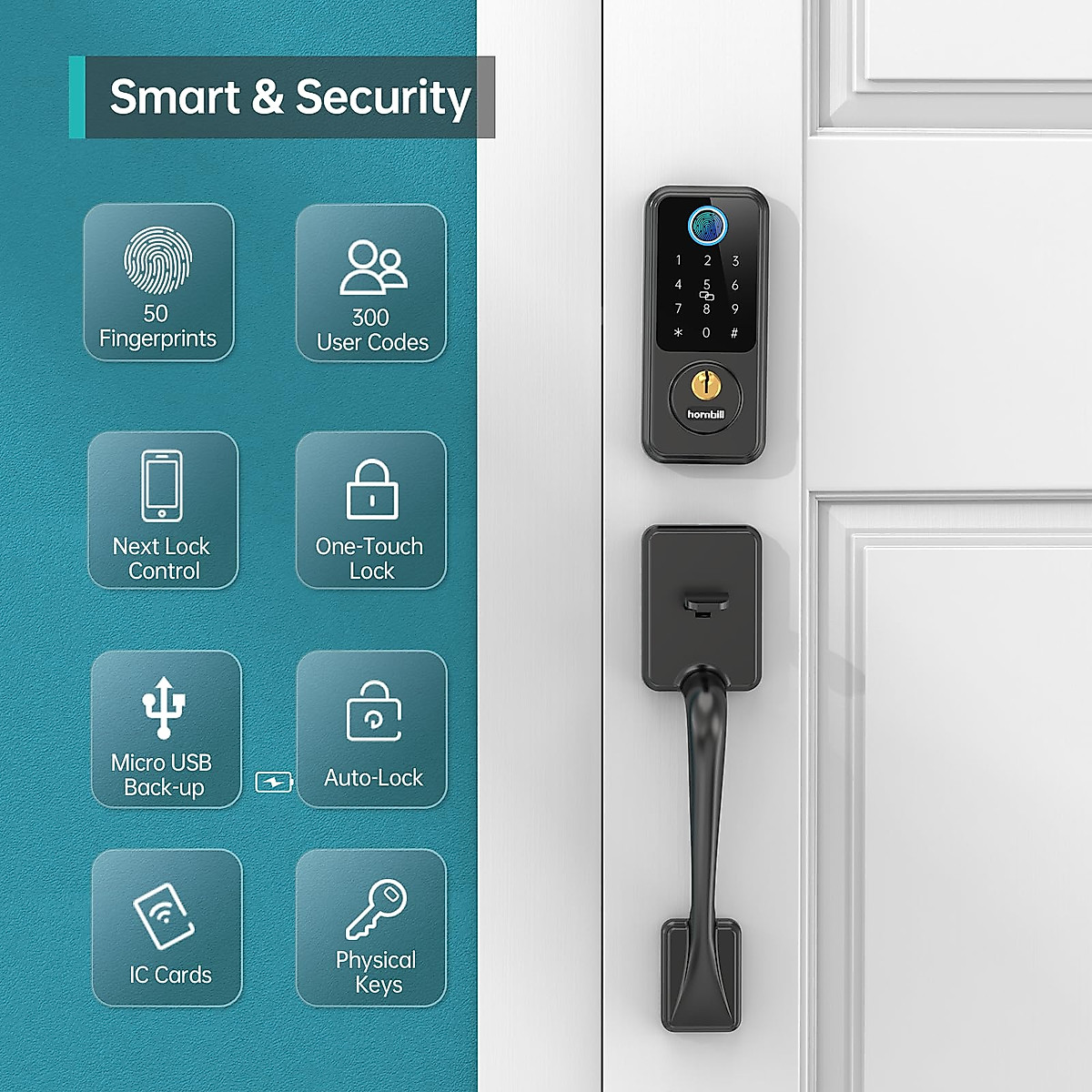 Hornbill Smart Lock with Front Door Handle Set - Keyless Entry Door Lock with Handleset - Smart Deadbolt Door Lock for Front Door - Bluetooth Door Lock with Keypad - Fingerprint Biometric Auto Lock