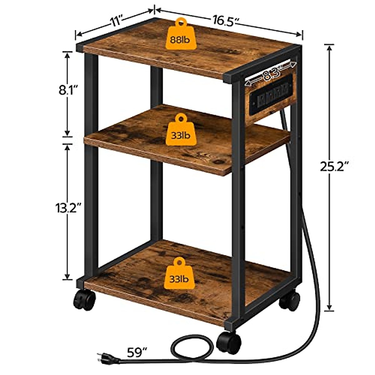 HOOBRO Industrial Printer Stand with Charging Station, 3-Tier Printer Table, Rolling Printer Cart with Adjustable Shelf and Hook, Rustic Brown and Black BF28UPS01
