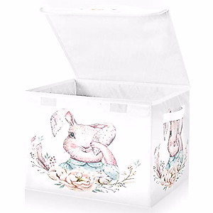 MNSRUU Collapsible Storage Boxes Fabric with Lids and Handle, Ornament Storage Cubes Closet Organizers and Storage Bins Cabinet Hand Drawn Watercolor Bunny with Leaves for Toy Home Bedroom Office