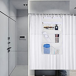 Dearjana Mesh Shower Caddy with Touch-sensative Pocket, Bathroom Hanging Mesh Bath Organizer Shower Curtains Rod Hanging Caddies with 3 Rings, Bathroom Accessories Organization, Space Saving(White)