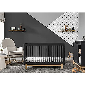 Delta Children Poppy Crib 6-Piece Baby Nursery Furniture Set–Includes: Convertible Crib, Dresser, Changing Top, Crib Mattress, Sheets, & Changing Pad, Midnight Grey w/Natural