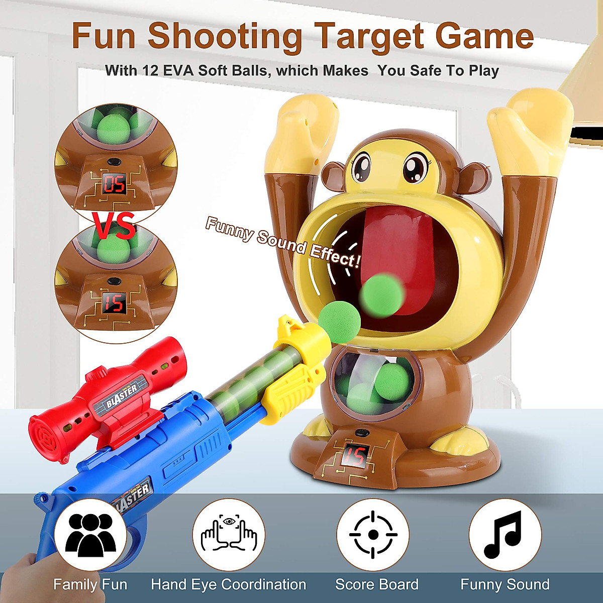 FiGoal Hungry Feeding Game Toy Guns for Boys/Girls, Shooting Games with Electronic Target, Party Cool Toys with LCD Score Record, Sound, 12 Soft Foam Balls, for Kids Age 3-10 Gifts for Valentine's Day