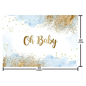 Sendy 7x5ft Oh Baby Backdrop for Boys Watercolor Pastel Photography Background Blue Clouds Gold Glitter Baby Shower Party Decorations Cake Table Banner Supplies Photo Studio Props