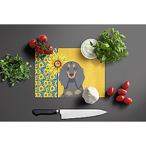 Caroline's Treasures WDK5391LCB Summer Sunflowers Longhair Blue and Tan Dachshund Glass Cutting Board Large Decorative Tempered Glass Kitchen Cutting and Serving Board Large Size Chopping Board