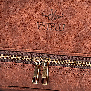 Vetell Classic Leather Men's Travel Toiletry Bag and Dopp Kit with Upper and Lower Zippered Compartments, 2 Mesh Bottle Pouches and Carrying Handle