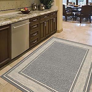 Ottomanson Ottohome Non-Slip Rubberback Bordered Design 5x7 Indoor Area Rug, 5' x 6'6", Light Gray