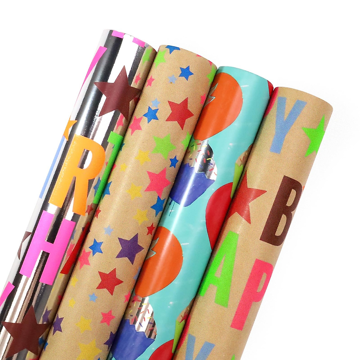 BIOBROWN Kraft Birthday Wrapping Paper - 17 Inch X 10 Feet (4 Rolls: 56.6 sq. ft. ttl.) Cupcake & Star Design Perfect for Party, Holiday, Baby Shower