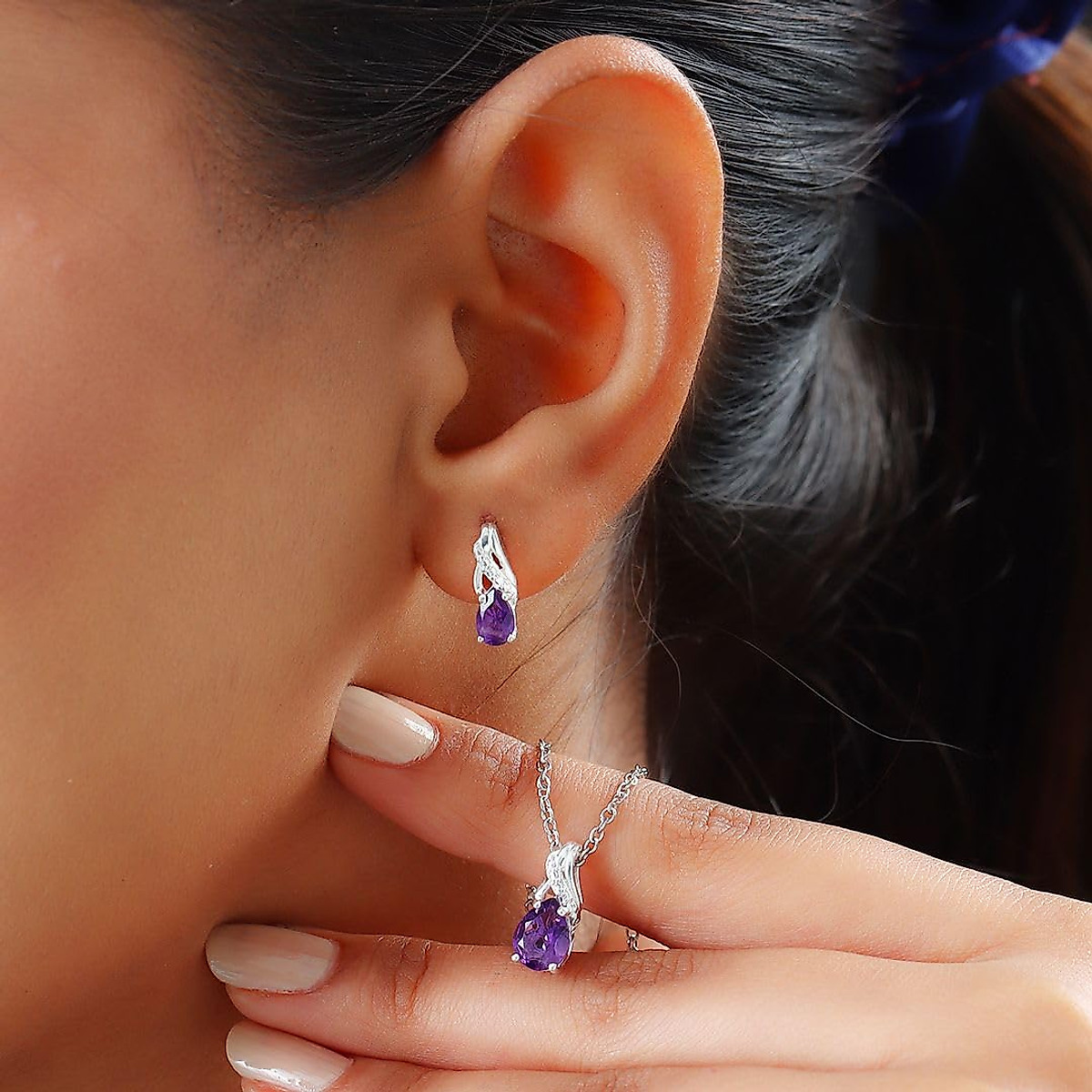 Shop LC Wedding Costume Jewelry Set for Women Purple Amethyst Drop Earrings Bridal Necklace 925 Sterling Silver Stainless Steel Bridesmaid Gifts for Women for Bride Size 20" Birthday Gifts