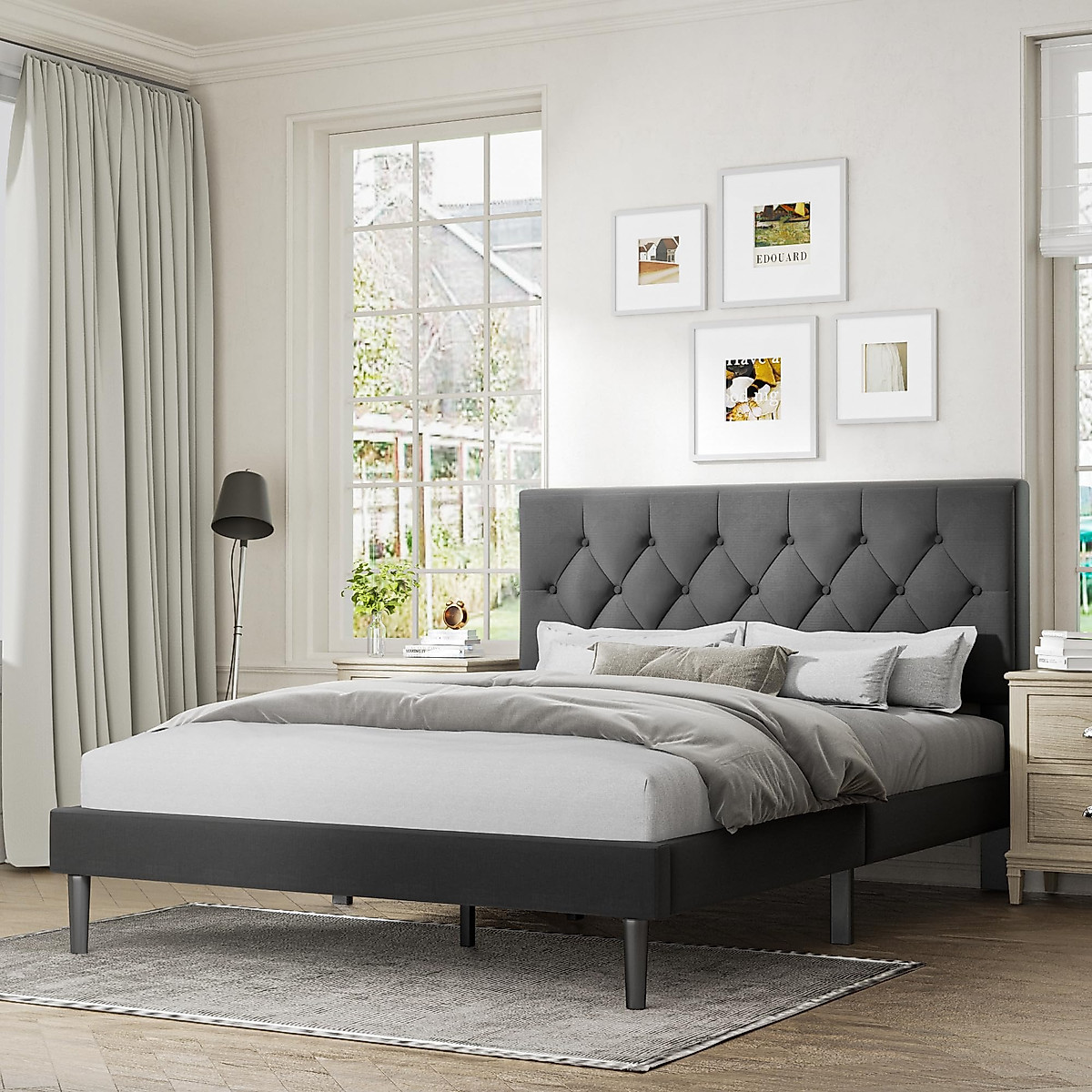 Full Size Platform Bed Frame with Upholstered Headboard, Button Tufted Design, No Box Spring Needed, Dark Grey
