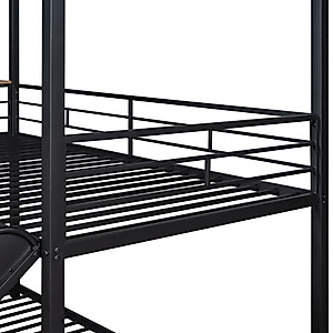 TURRIDU Twin Over Twin Size House Shape Bunk Bed, Modern Metal Housebed with Slide, Metal Slats, Safety Fence and Ladder, Window Pattern Design, Space-Saving, Easy Assembly, (Black with Black Slide)