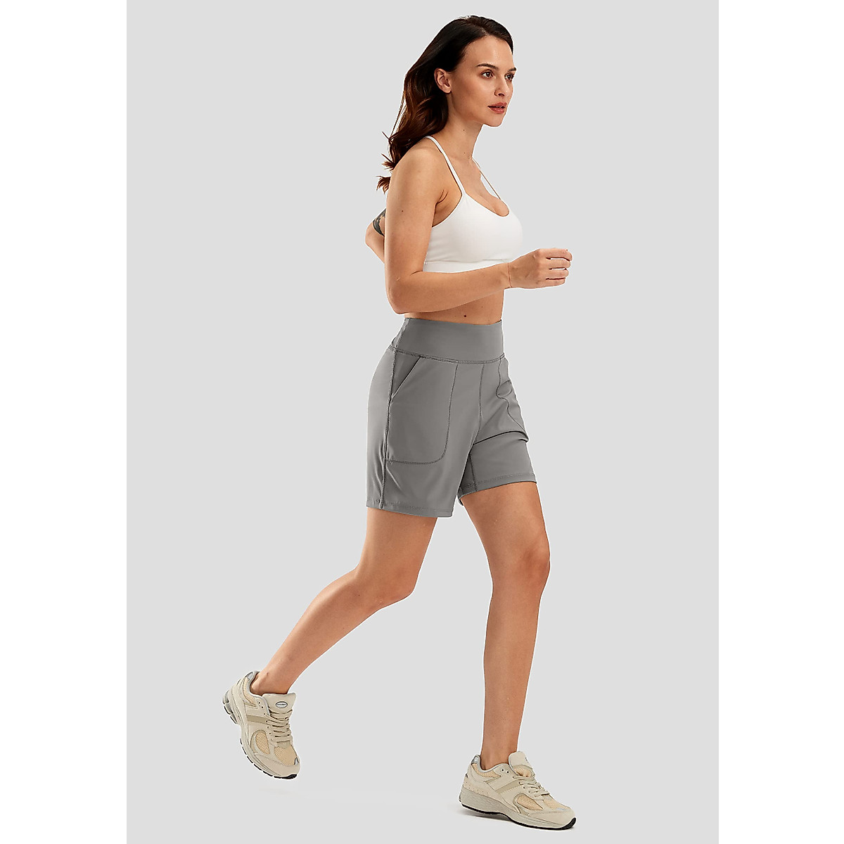 SANTINY Women's 6'' Athletic Long Shorts with 4 Pockets High Waisted Bermuda Shorts for Women Walking Running Casual (Light Grey_M)