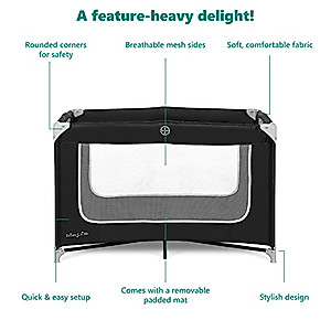 Dream On Me Zodiak Portable Playard in Black, Lightweight, Packable and Easy Setup Baby Playard, Breathable Mesh Sides and Soft Fabric - Comes with a Removable Padded Mat