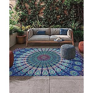 Outdoor Rugs Mandala Flower Reversible Mats Non Slip Carpet Indoor Outdoor Area Rug with Rubber Floral Pattern Non-Slip Outdoor Carpet Camping RV Rug/Deck Rug/Porch Rug 6x9 ft