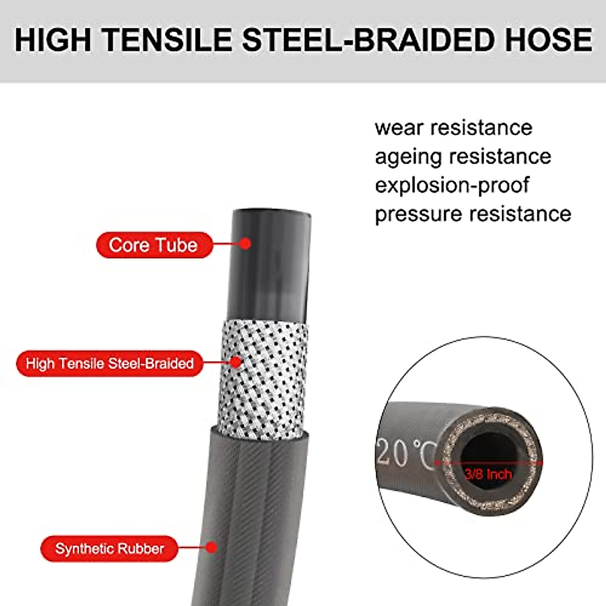 Heliwoo Pressure Washer Whip Hose 5FT, 3/8'' Hose Reel Connector Hose for Power Washer, 248°F Hot Water Jumper Hose with 3/8'' Quick Connect Adapter Set, Steel-Braided-4800 PSI