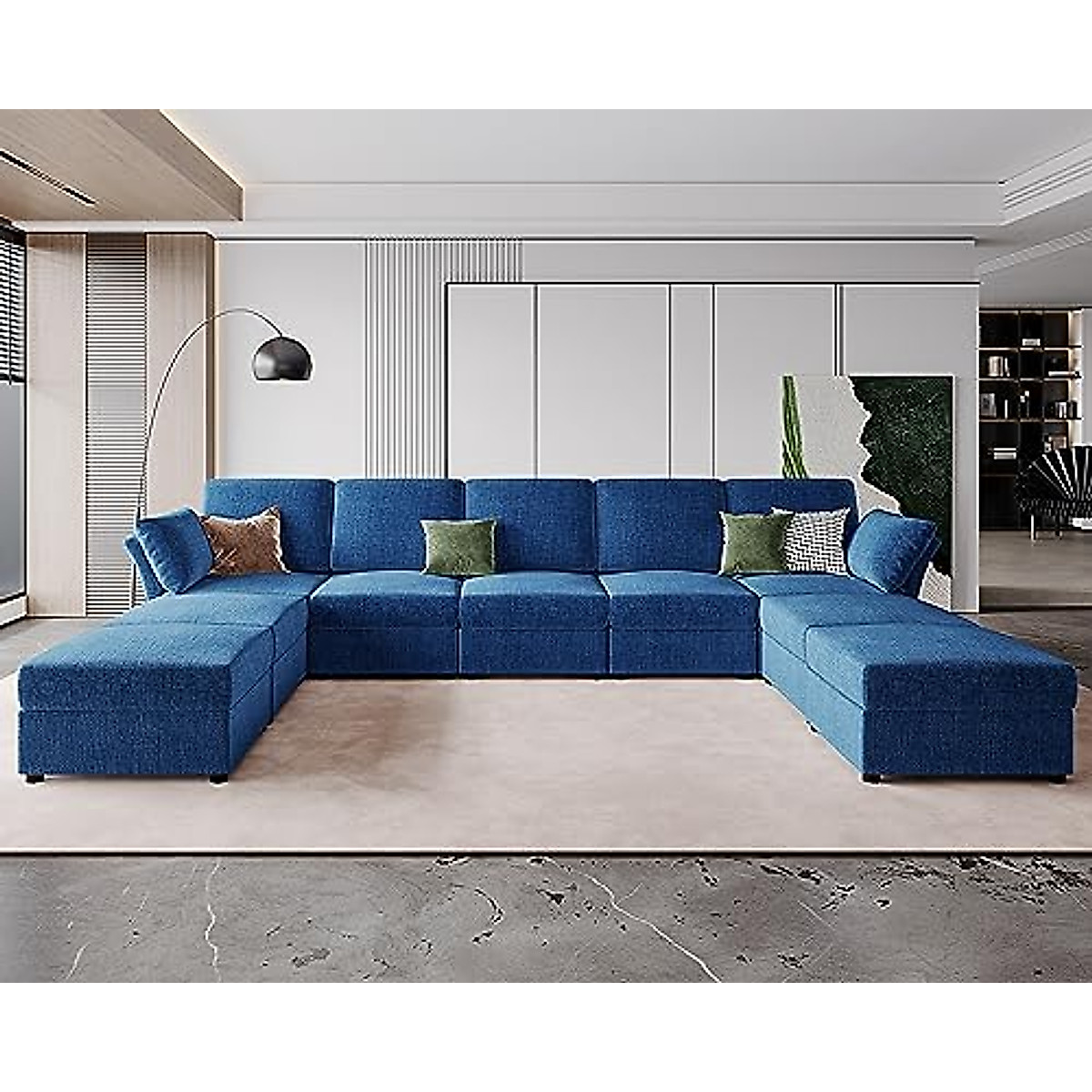 VanAcc Modular Sectional Sofa, Sectional Couch, 9 Seats Sofa- U Shaped sectional with Ottomans, Reversible Sofa Couch for Living Room, Blue Linen