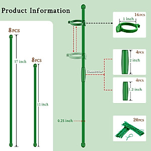 Plant Stakes 17inch &11inch,SupKing Adjustable Length Plant Support Stake 16Pcs Orchid Stick with Clips for Indoor Outdoor,Garden Pole for Potted Tomato Rose Amaryllis Vegetables Comes with 20 Ties