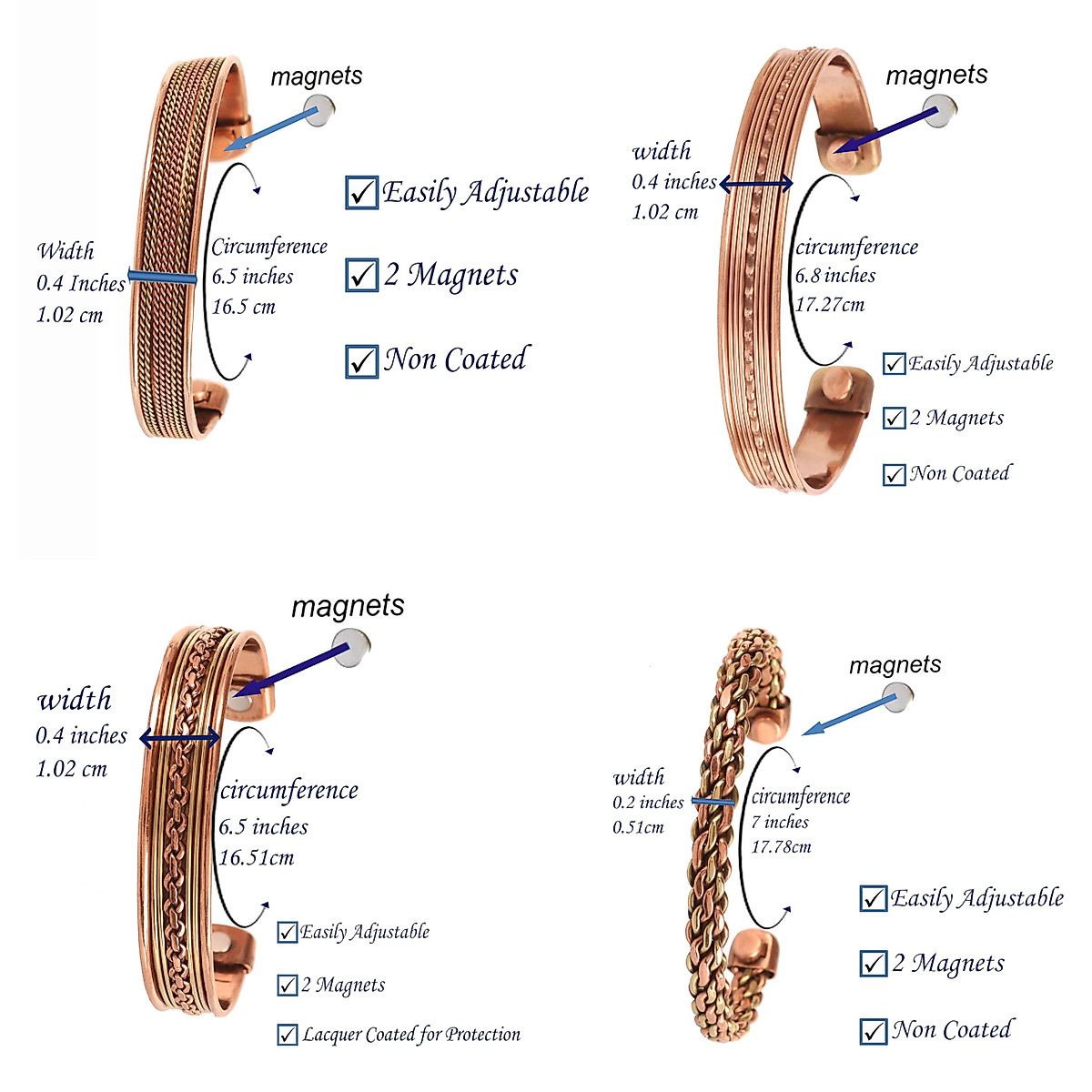 Touchstone Copper magnetic bracelet Tibetan style. Hand forged with solid and high gauge pure copper. Set of 4 different designs