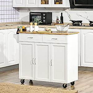 HOMCOM Rolling Kitchen Island Cart on Wheels with Large Bamboo Countertop, 2 Cabinets with Drawers, Adjustable Shelves, White