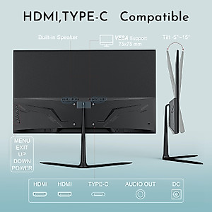 GreBear 24 Inch Computer Monitor, FHD 1080p PC Monitor 75hz Built in Speakers, 99% sRGB Low Blue Light Anti-Glare VA Screen Desktop Display w/HDMI/USB Type-C/Freesync Tilt Adjustable 75 x 75 mm VESA