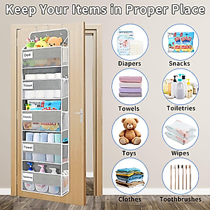 Over The Door Organizer Storage, 44lbs Weight Capacity Hanging Door Organizer, Behind Door Organizer with 5 Large Pockets 10 Mesh Side Pockets 5 PVC Pouches for Nursery Bathroom Bedroom Pantry