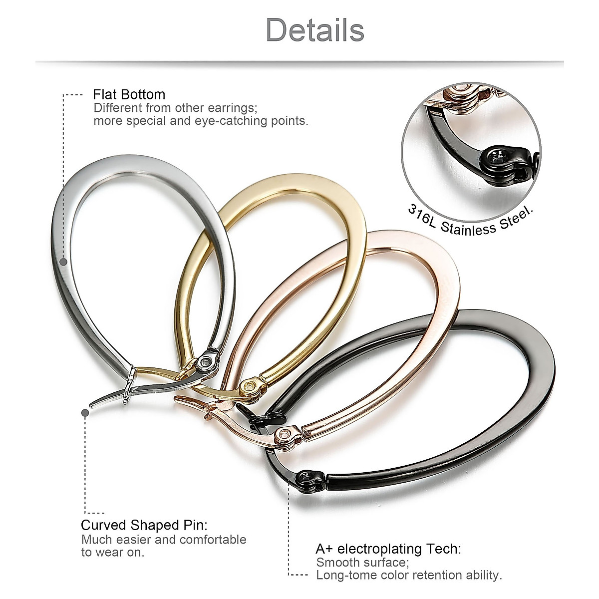 Jstyle 4 Pairs a Set Stainless Steel Teardrop Hoop Earrings for Women 35MM