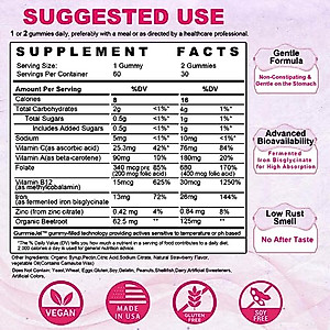 Iron Gummies Supplement - Vegan Iron Bisglycinate Filled Gummies with Vitamin C, Folate - Blood Builder, Energy Support for Iron Deficiency - Iron Gummies for Women, No After Taste, Strawberry Flavor