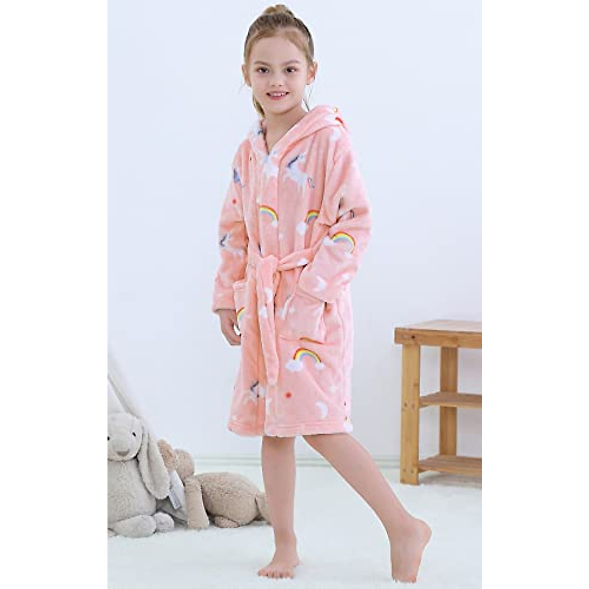 Umeyda Girls Robe, Soft Fuzzy Fleece Printed Hooded Bathrobe Cute Sleepwear for Kids, Rainbow Peach Pink, 12-18 Months = Tag 90