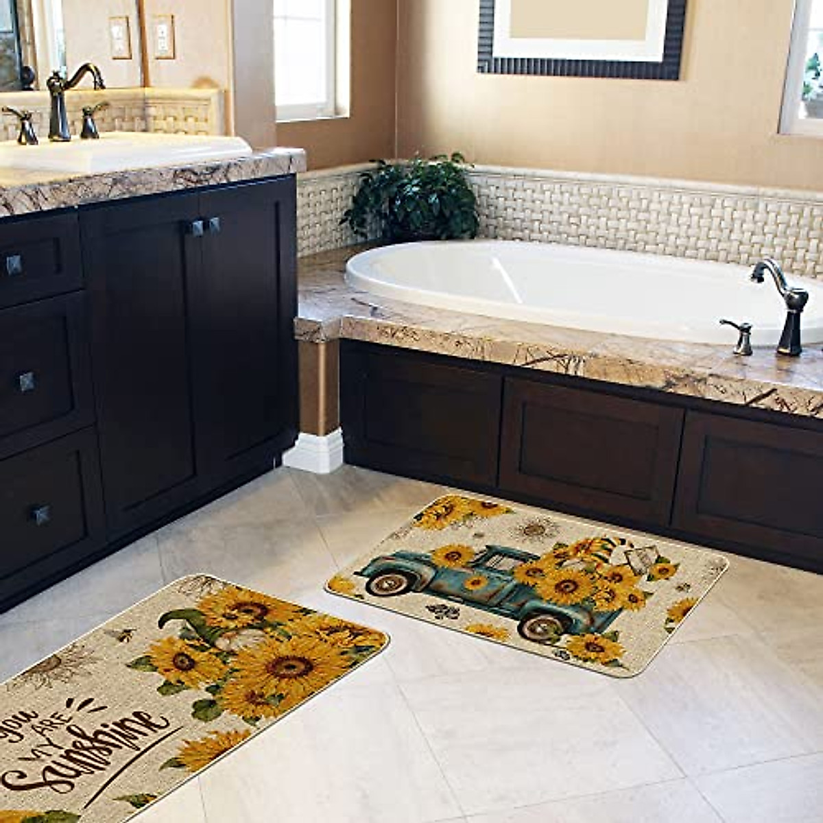 Hexagram Sunflower Kitchen Rugs and Mats Set of 2, Anti Fatigue Kitchen Mats for Floor Non-Slip You are My Sunshine Kitchen Decor Holiday Decorations-17x29 and 17x47 Inch