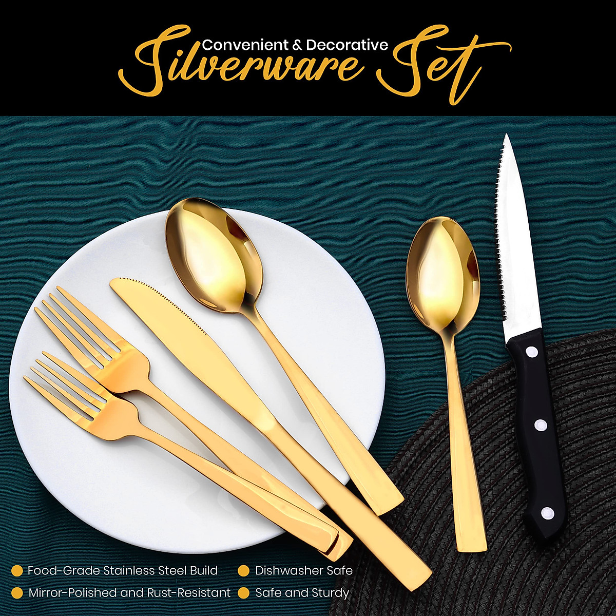 Utopia Kitchen 48 Piece Silverware Set Service for 8, Flatware Set with Steak Knives, Stainless Steel Utensil Sets, Mirror Polished Cutlery Set for Home, Kitchen, Restaurant, Dishwasher Safe - Gold