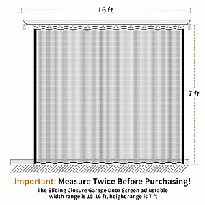 Sliding Garage Door Screen with Track Closure - Retractable Privacy Curtain Keep Annoying Animals Out Easy Install Heavy Duty Fiberglass Mesh Net for Opening Garage Patio (Black, 16 ft x 7 ft)