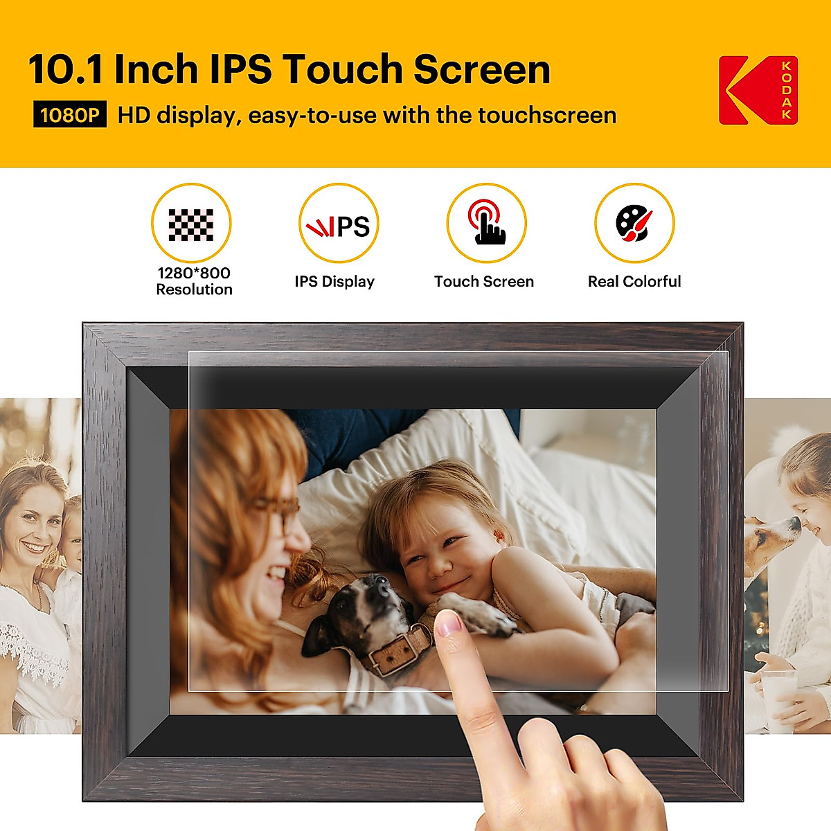 KODAK 10.1 Inch Smart WiFi Digital Picture Frame 1280x800 Touch Screen,Auto-Rotate, Built in 16GB Memory, Share Moments Instantly via Kodak App from Anywhere(Wood)