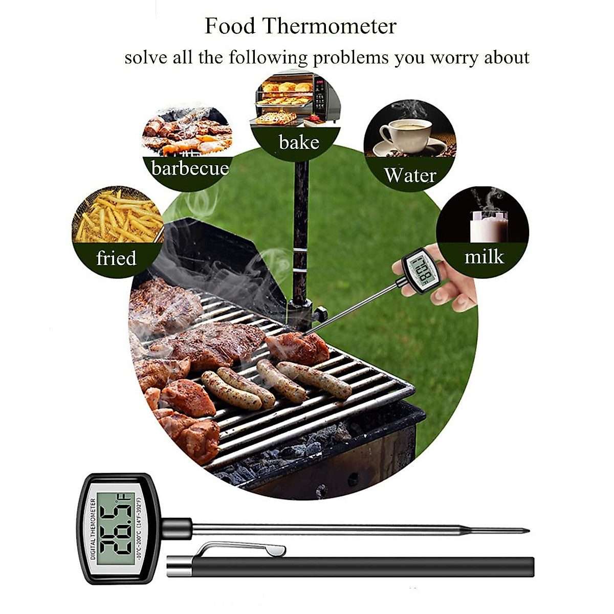 Digital Food Thermometer Probe for Cooking Meat, BBQ, Grilling, Liquid, Candy, Oil Deep Fry - Instant Read with Large LCD Screen and Pen Clip