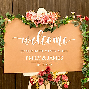 Vinyl Art Decal - Custom Welcome to Our Happily Ever After - 17" x 30" - Cute Elegant Sticker Personalized Wedding Greeting Bride Groom Marriage Reception Hall Garden Buffett Entrance Decor (White)