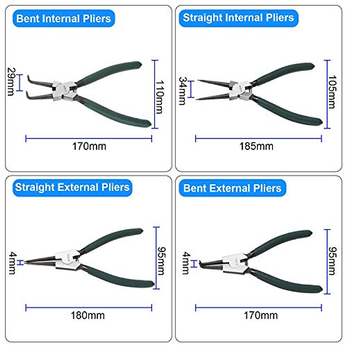 4 Pack 7 inch Snap Ring Pliers Set Heavy Duty Internal/External Circlip Pliers Kit with Straight Bent Jaw Precision Spring Loaded Pliers for Ring Remover Retaining (Green)